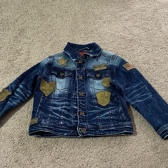 Jackets & Coats | Jean Jacket With Military Style Patches Size 56 Boys ...